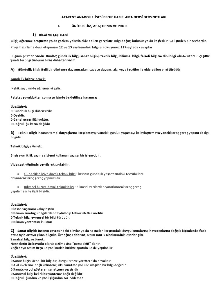 Ünite Bilim Araştırma Ve Proje - PROJE HAZIRLAMA DERSİ DERS NOTLARI Word | PDF