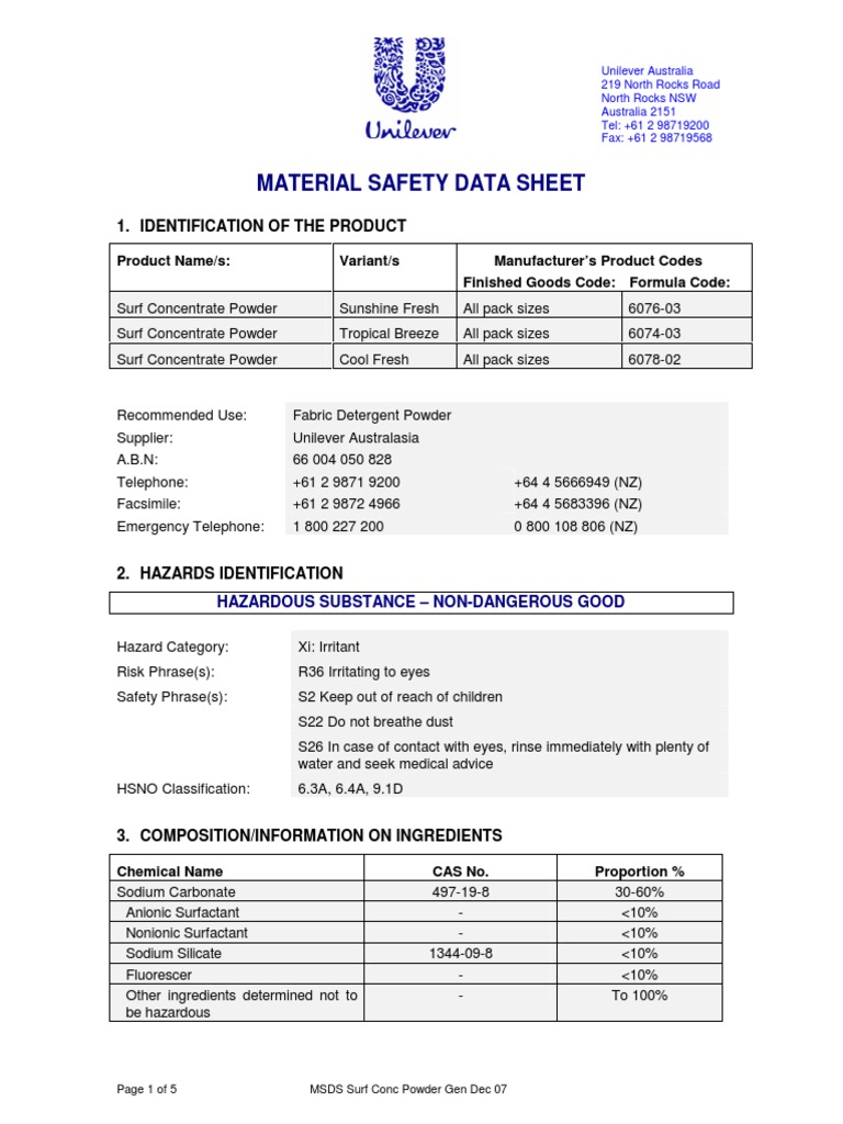 Surf Concentrate Powder MSDS Overview | PDF | Toxicity | Water