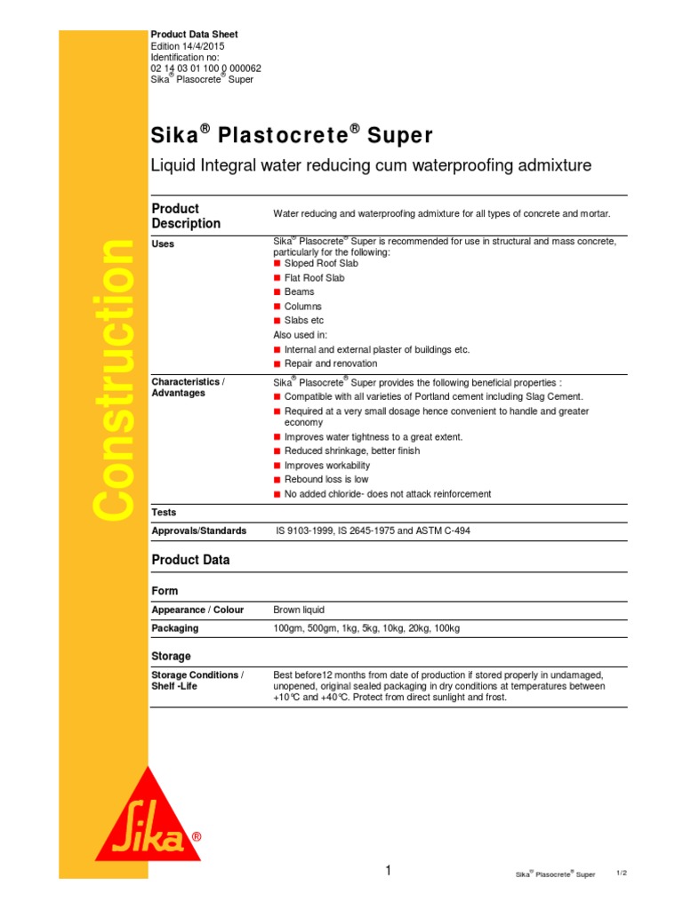 Sika Plastocrete Super: Liquid Integral Water Reducing Cum ...