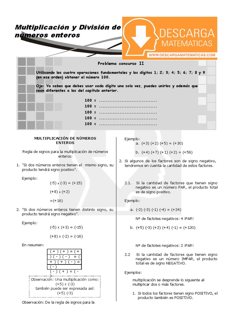 06 - Multiplicación y División de Números Enteros | PDF ...