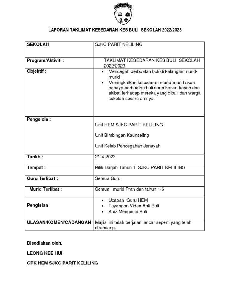 Laporan Kesedaran Buli 2022 | PDF