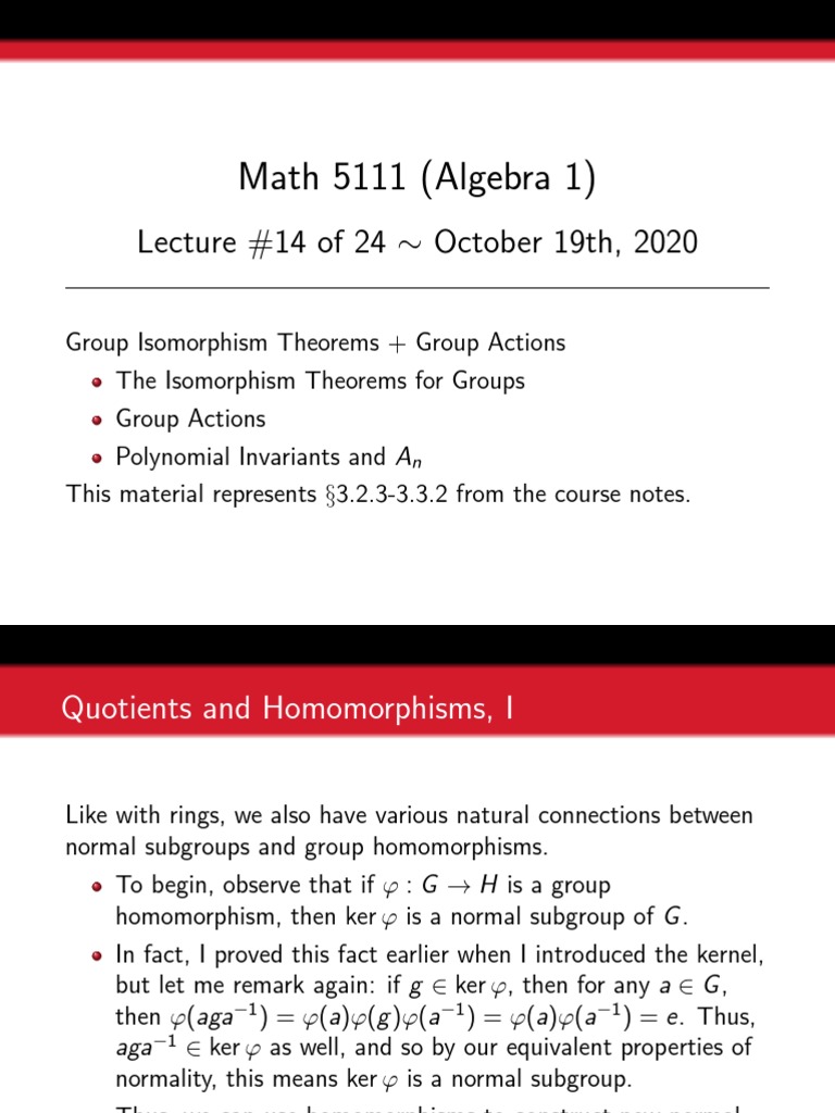 5111 Lecture 14 Isomorphism Theorems Group Actions | PDF | Group (Mathematics) | Algebra