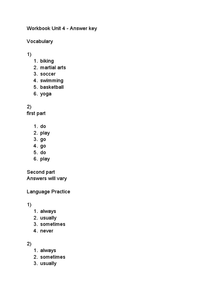 Workbook Unit 4 (P. 20-24) - Answer Key | PDF