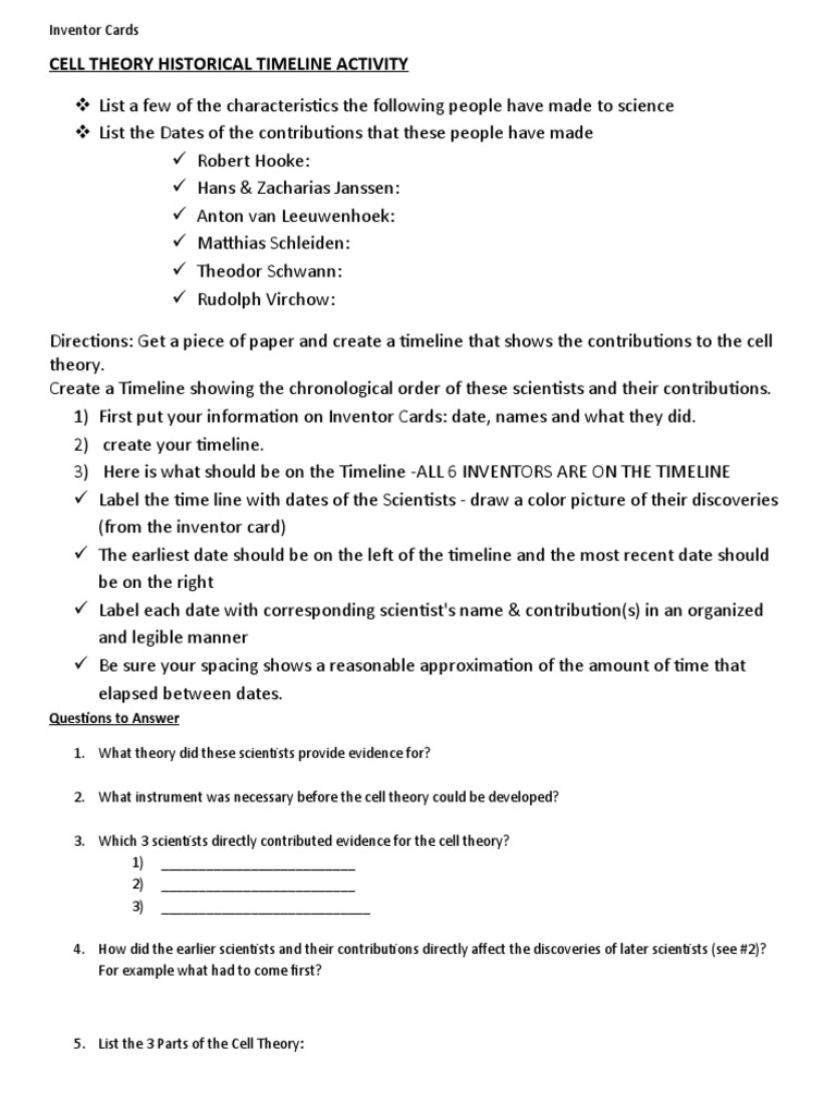 Cell Theory Historical Timeline Activity: Questions To Answer | PDF ...