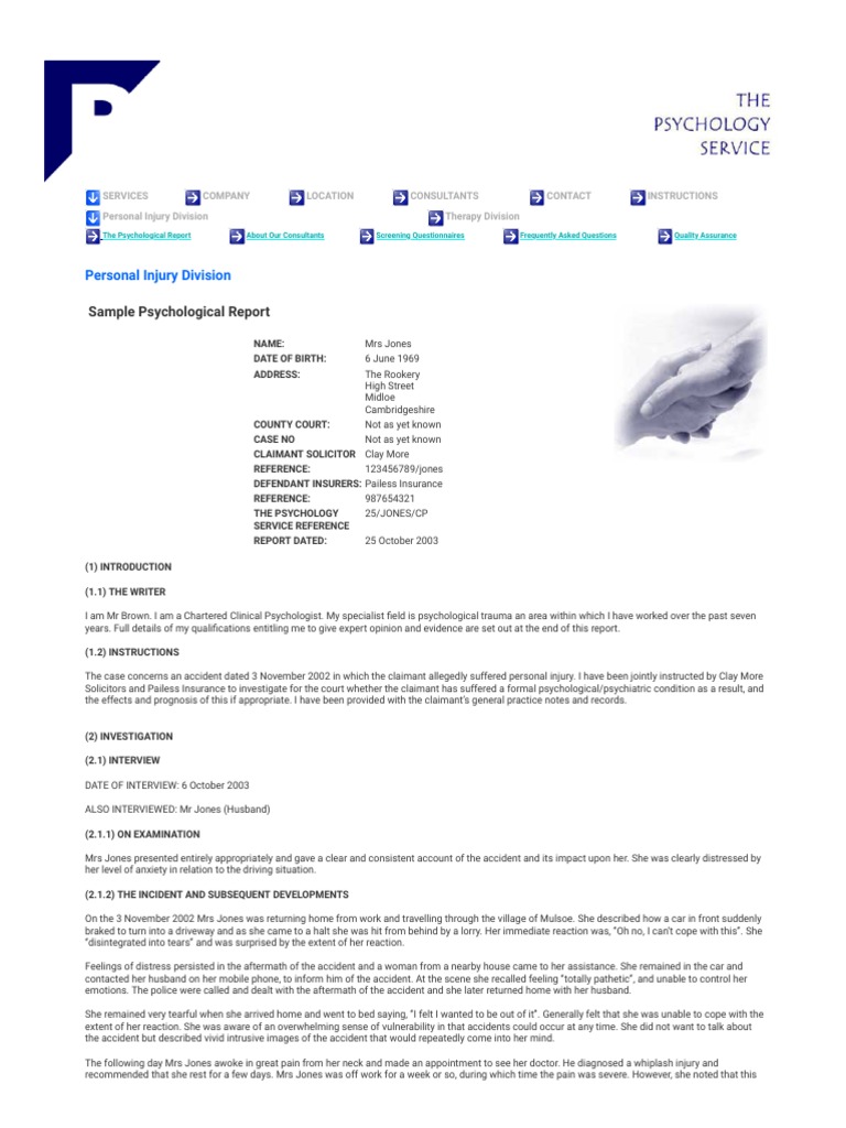 Personal Injury Division: Sample Psychological Report | PDF | Anxiety ...