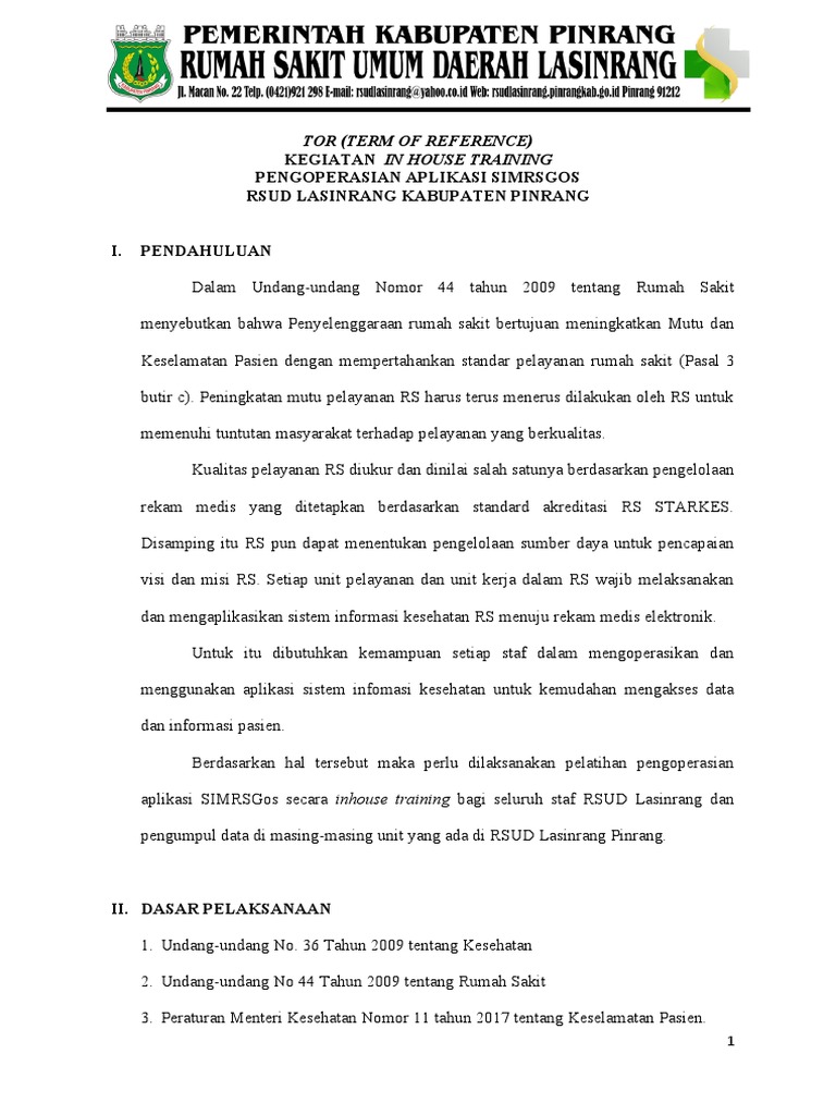 TOR Pelatihan SIMRS 2021 | PDF