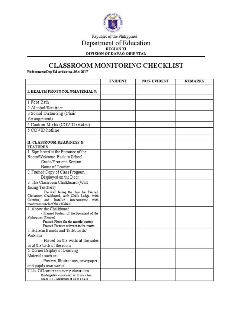 Classroom Monitoring Checklist: Department of Education | PDF ...