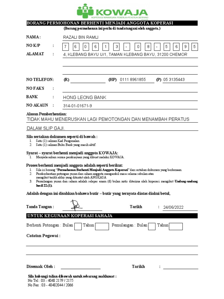 Borang - Berhenti Kowaja APEK | PDF
