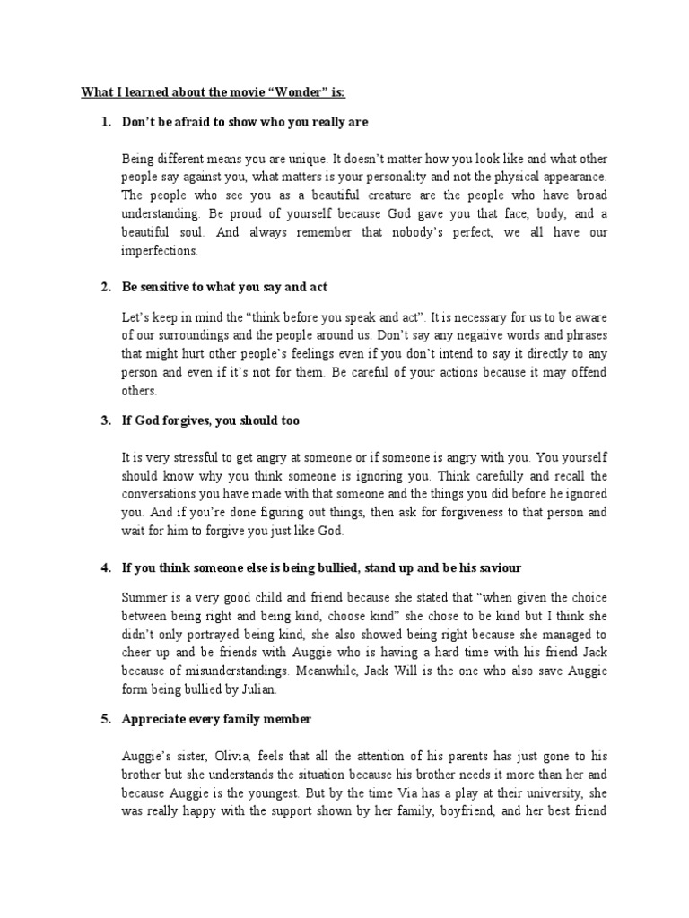 Reflection From The Movie Wonder | PDF | Forgiveness