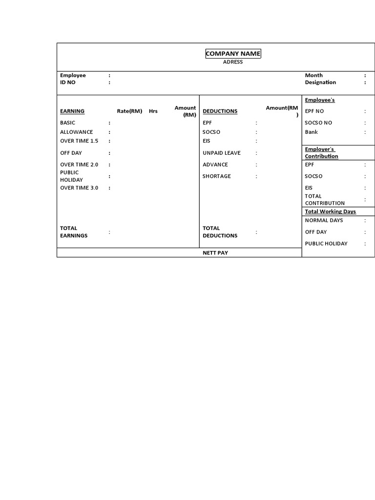 Employee Id No:: Month Designation:: Employee's Earning Rate (RM) Hrs ...