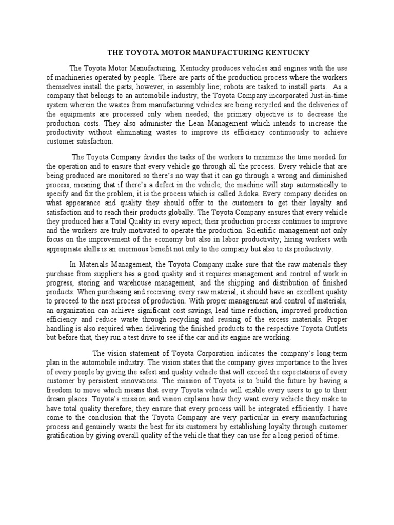 The Toyota Motor Manufacturing Kentucky | PDF | Lean Manufacturing | Toyota