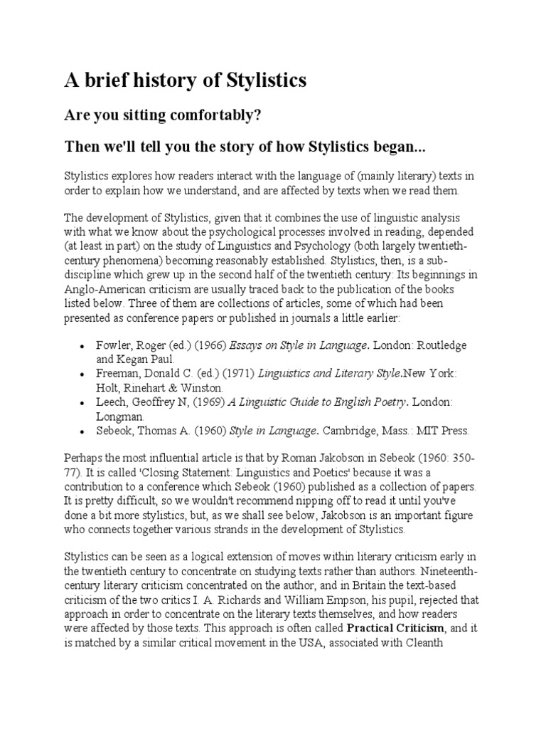 A Brief History of Stylistics | PDF | Literary Criticism | Cognitive ...