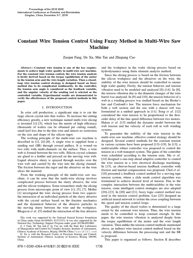 2016 Constant Wire Tension Control Using Fuzzy Method in Multi-Wire Saw | PDF | Control Theory ...