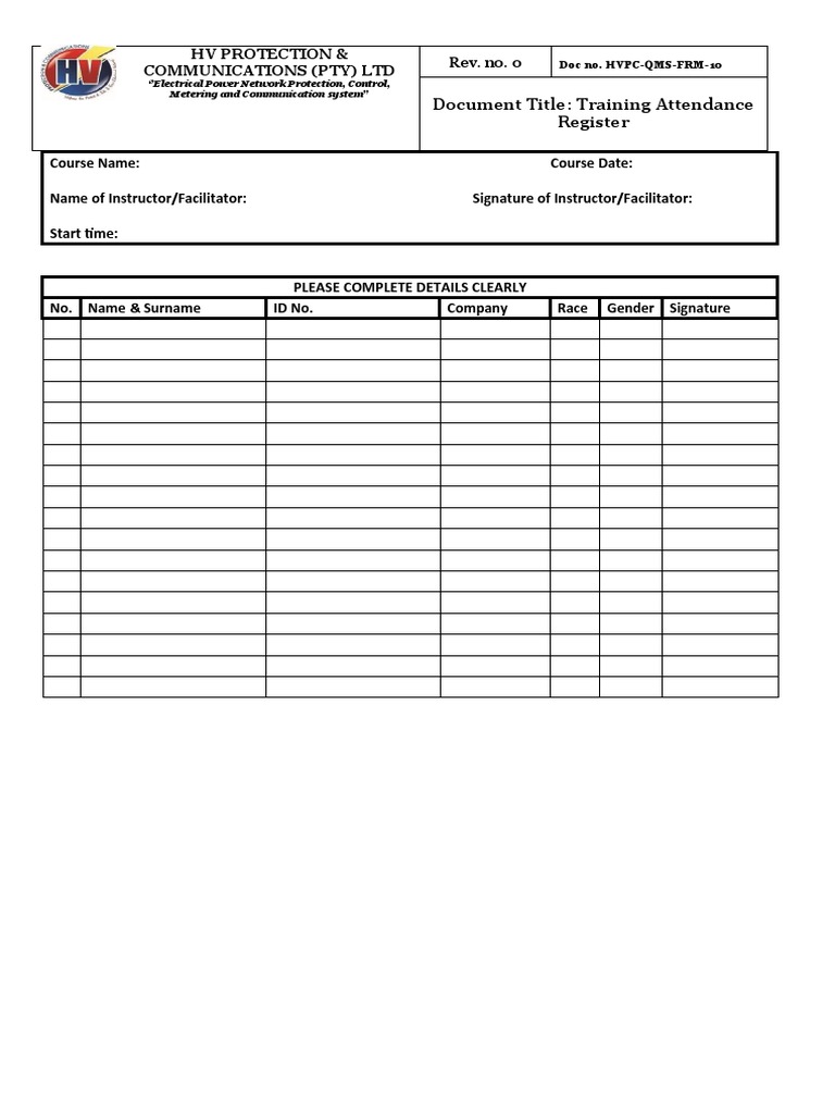 Training Attendance Register Form | PDF