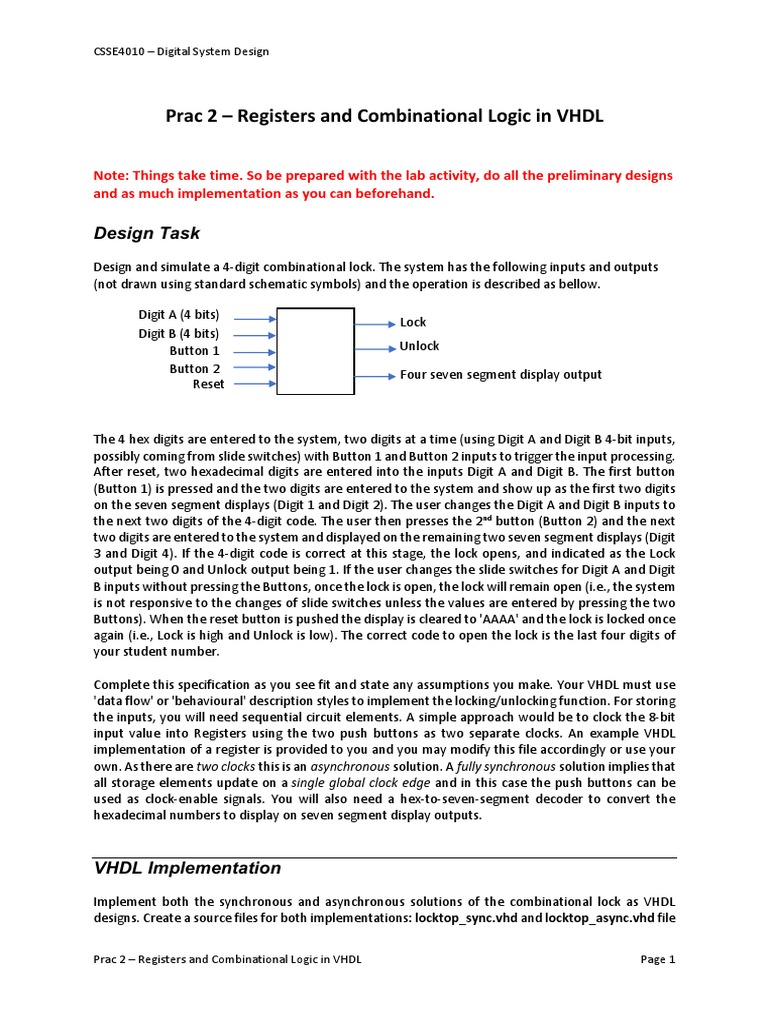 Prac 2 - Registers and Combinational Logic in VHDL: Design Task | PDF | Vhdl | Digital Technology