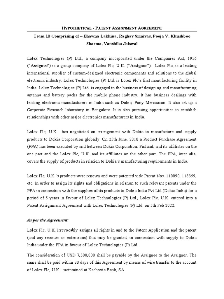 Patent Assignment Agreement | PDF | Assignment (Law) | Patent