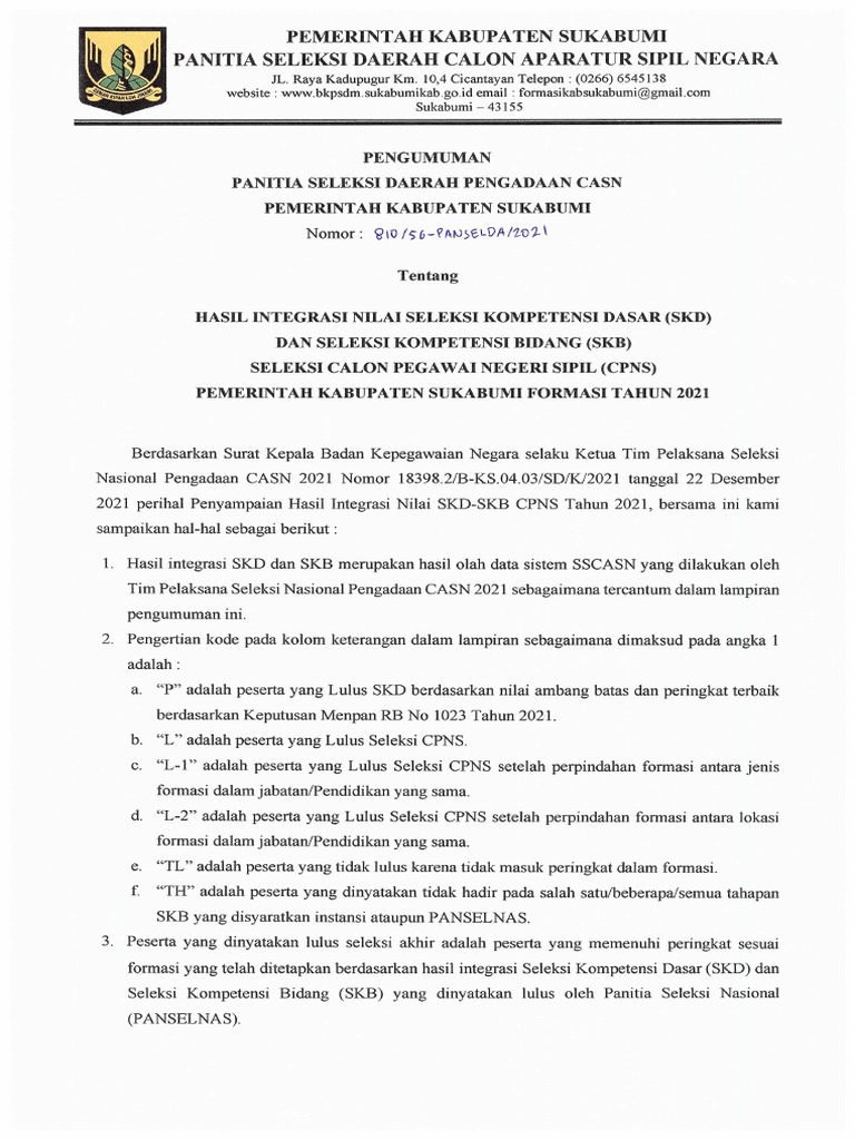 Pengumuman - Hasil - Integrasi - SKD - Dan - SKB - CPNS - Kab - Sukabumi - 2021 DHW | PDF