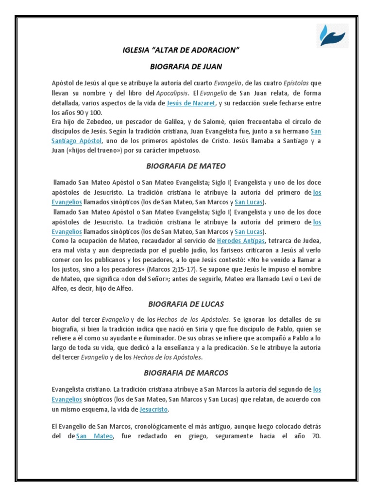 Biografia de Mateo Lucas Juan Marcos | PDF | Jesús | Evangelio de Mateo