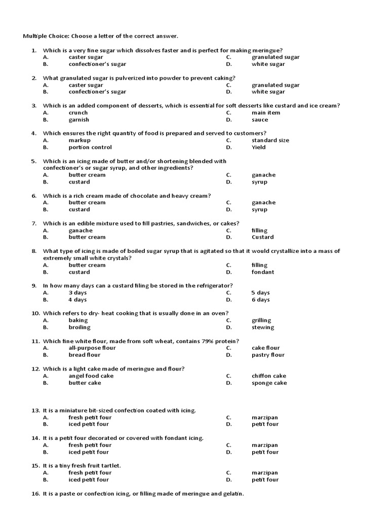Bread and Pastry Quiz | PDF | Cakes | Custard