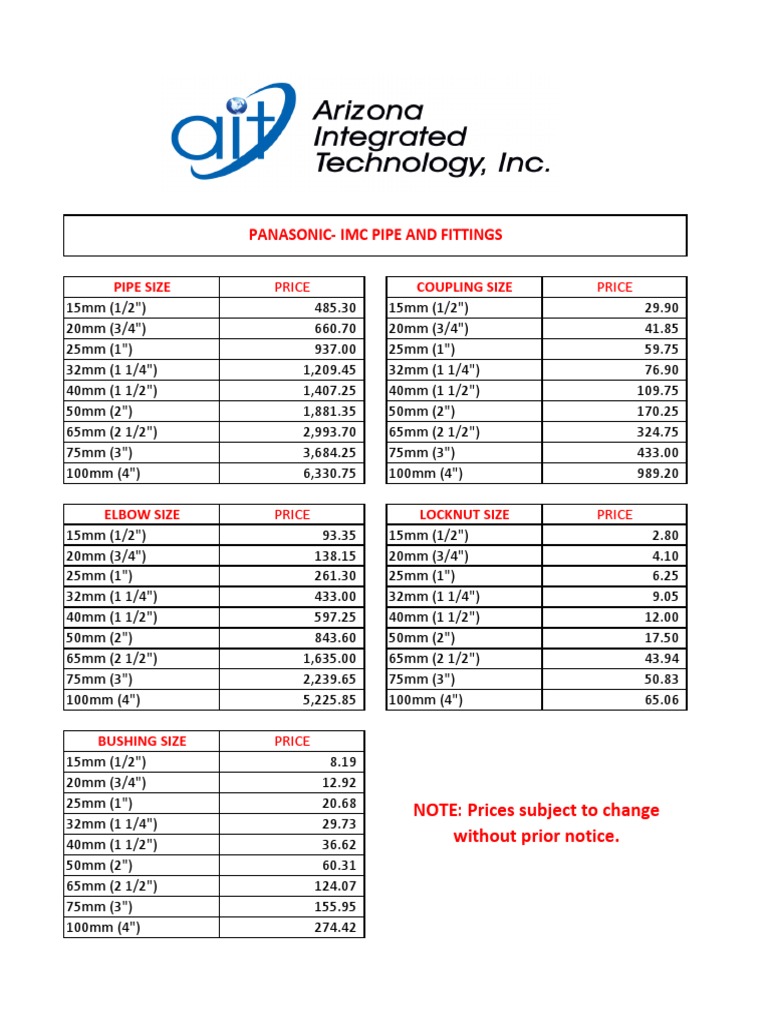 Panasonic-Imc Pipe and Fittings: Pipe Size Coupling Size | PDF