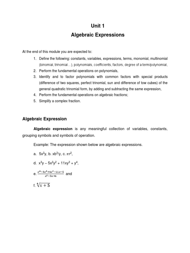 Module 1 - Algebraic Expression | PDF | Polynomial | Factorization