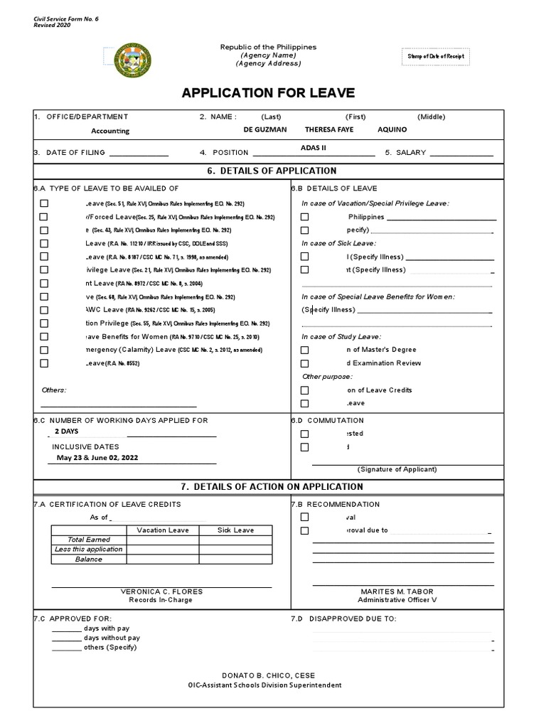 Application For Leave: de Guzman Theresa Faye Aquino Adas Ii Accounting ...