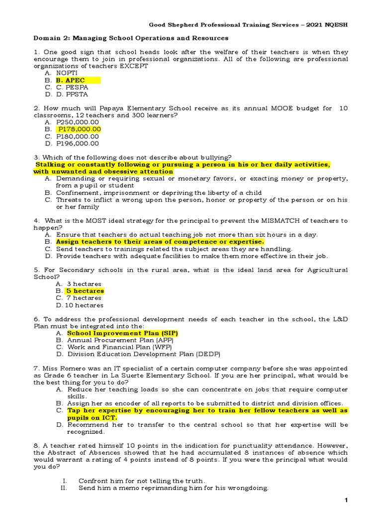 NQESH 2025 Reviewer: Domain 2 Insights | PDF | Teachers | Disaster Risk ...