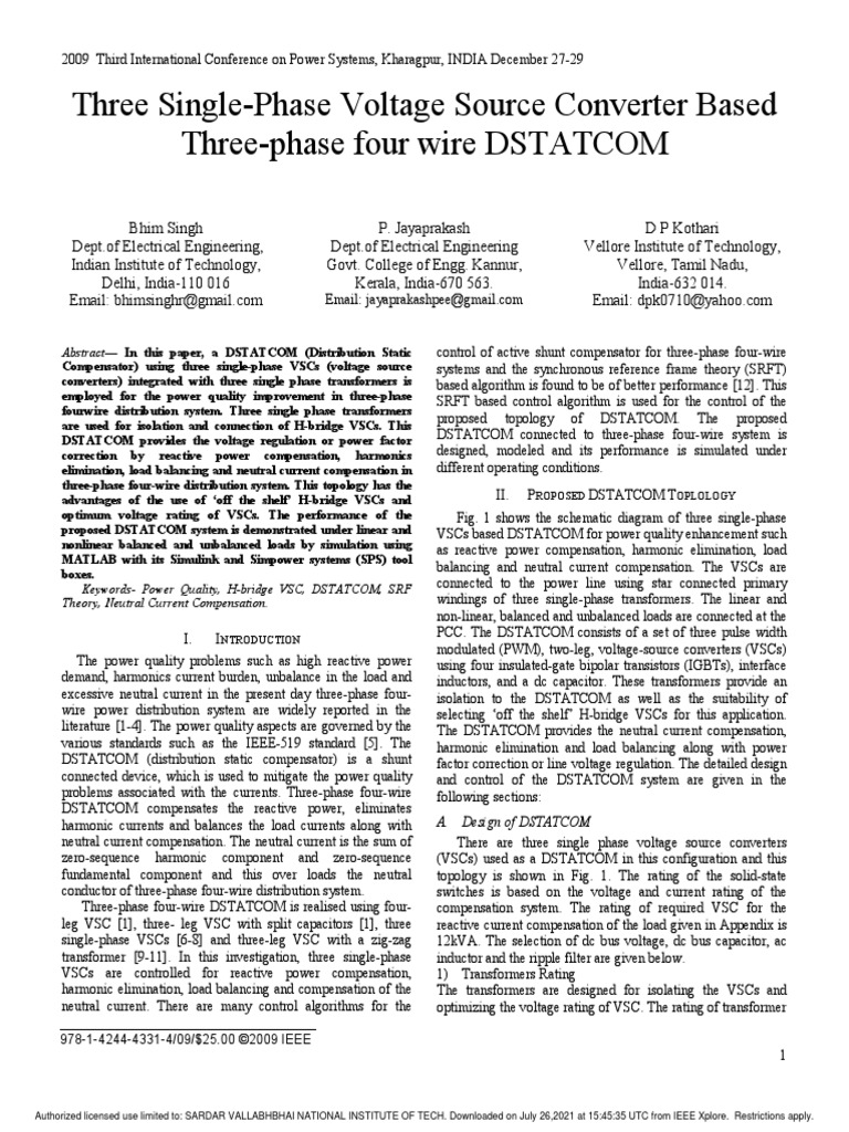 Three Single-Phase Voltage Source Converter Based Three-Phase Four Wire DSTATCOM | PDF | Ac ...