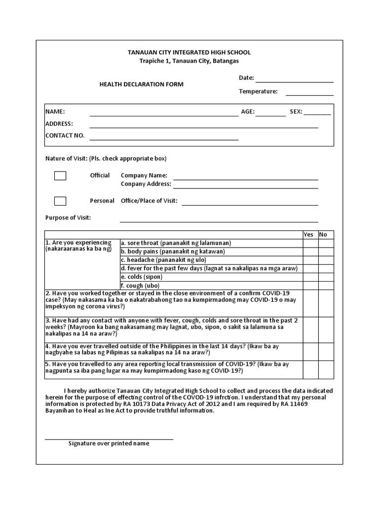 Tanauan City Integrated High School Trapiche 1, Tanauan City, Batangas Health Declaration Form ...