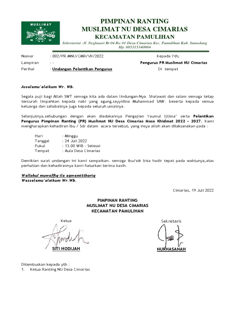 Undangan Pelantikan Pengurus Pimpinan Ranting Muslimat NU Desa Cimarias 2022-2027 | PDF