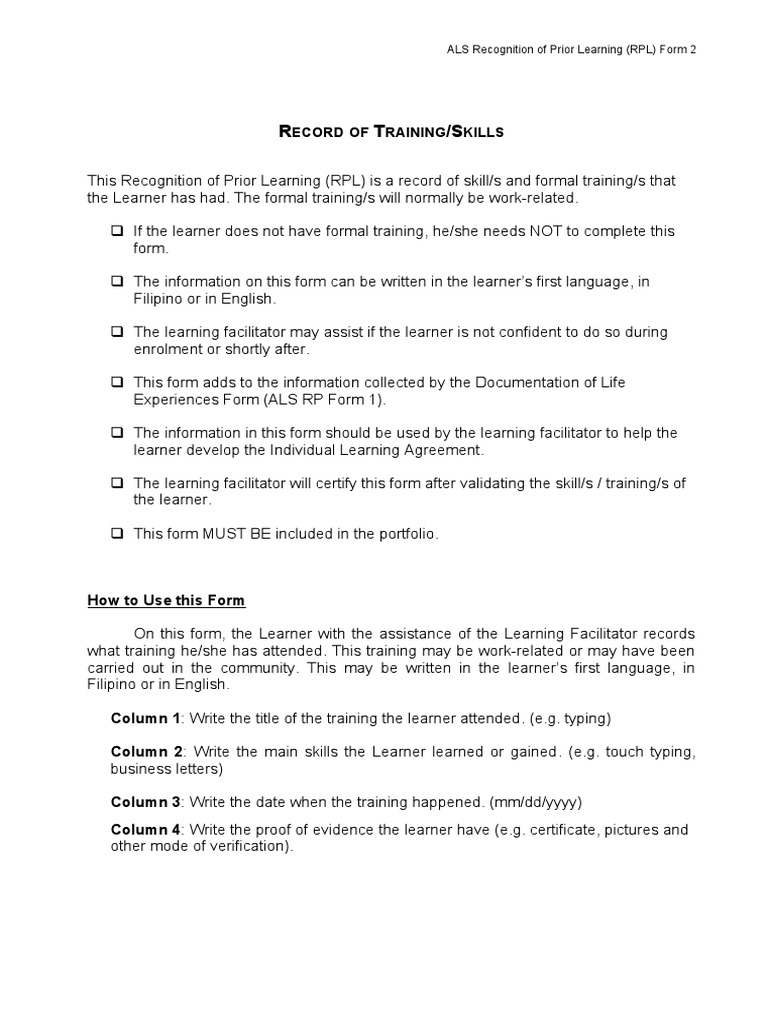 Final RPL Form 2 Record of Training Skills 2018 1 | PDF | Learning | Cognitive Science