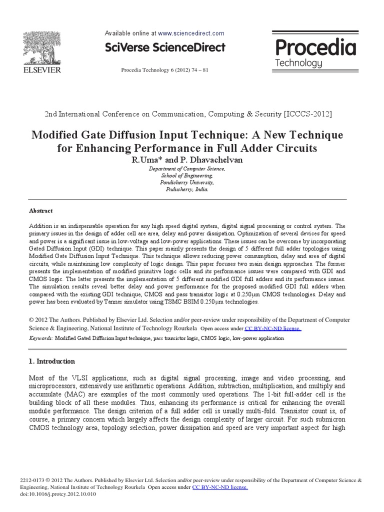 Modified Gate Diffusion Input Technique: A New Technique For Enhancing Performance in Full Adder ...