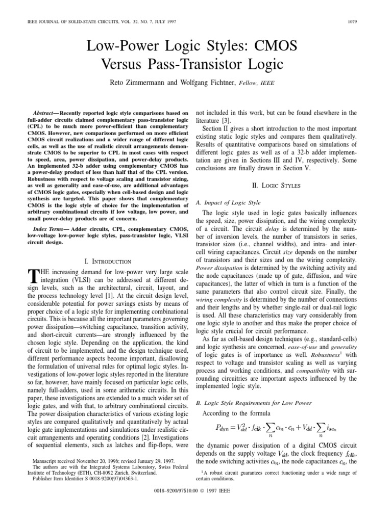 Low-Power Logic Styles: CMOS Versus Pass-Transistor Logic: Reto Zimmermann and Wolfgang Fichtner ...
