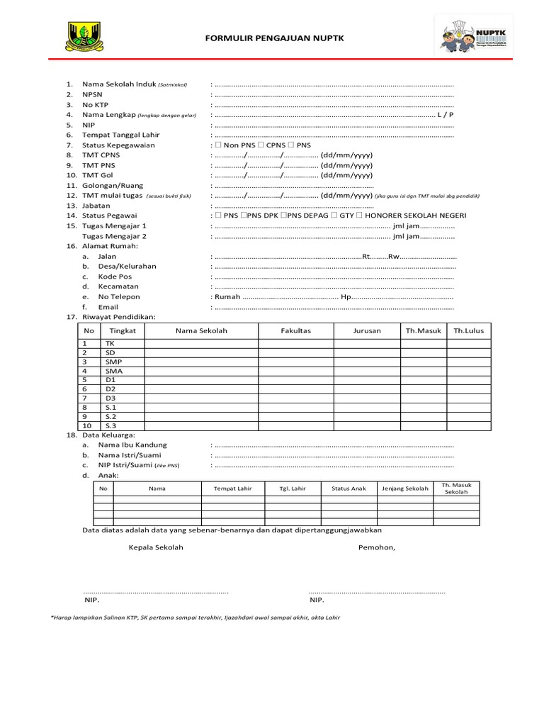 Formulir Pengajuan Nuptk | PDF