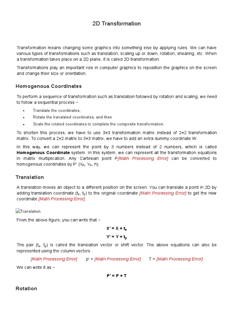 2d Transformation Pdf 2 D Computer Graphics Cartesian Coordinate System