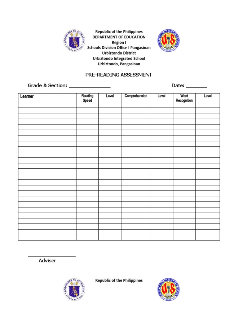 Pre-Reading Assessment Grade & Section: - Date | PDF