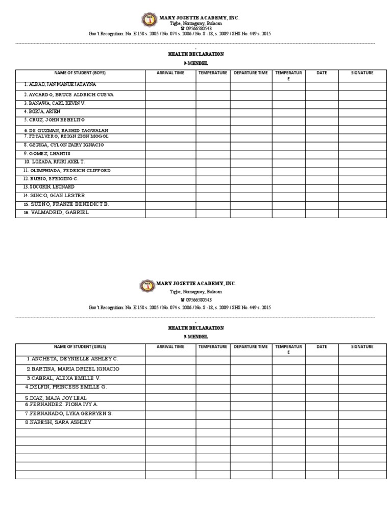 HEALTH daily log in 9-Mendel | PDF