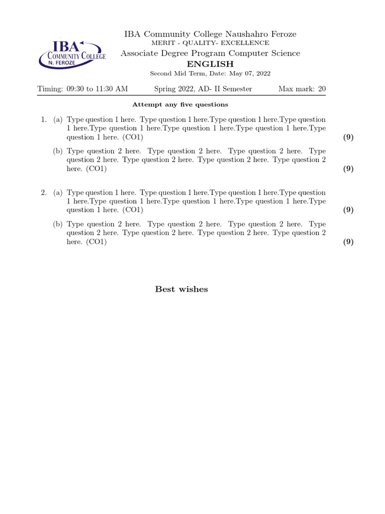 Template Ad Question Paper Iba Community College Naushahro Feroze | PDF