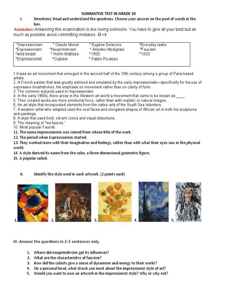 Grade 10 Art Movements Summative Test | PDF | Impressionism | Cubism