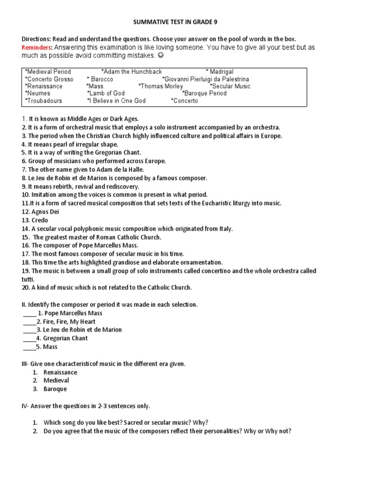 Grade 9 First Quarter Summative Music | PDF