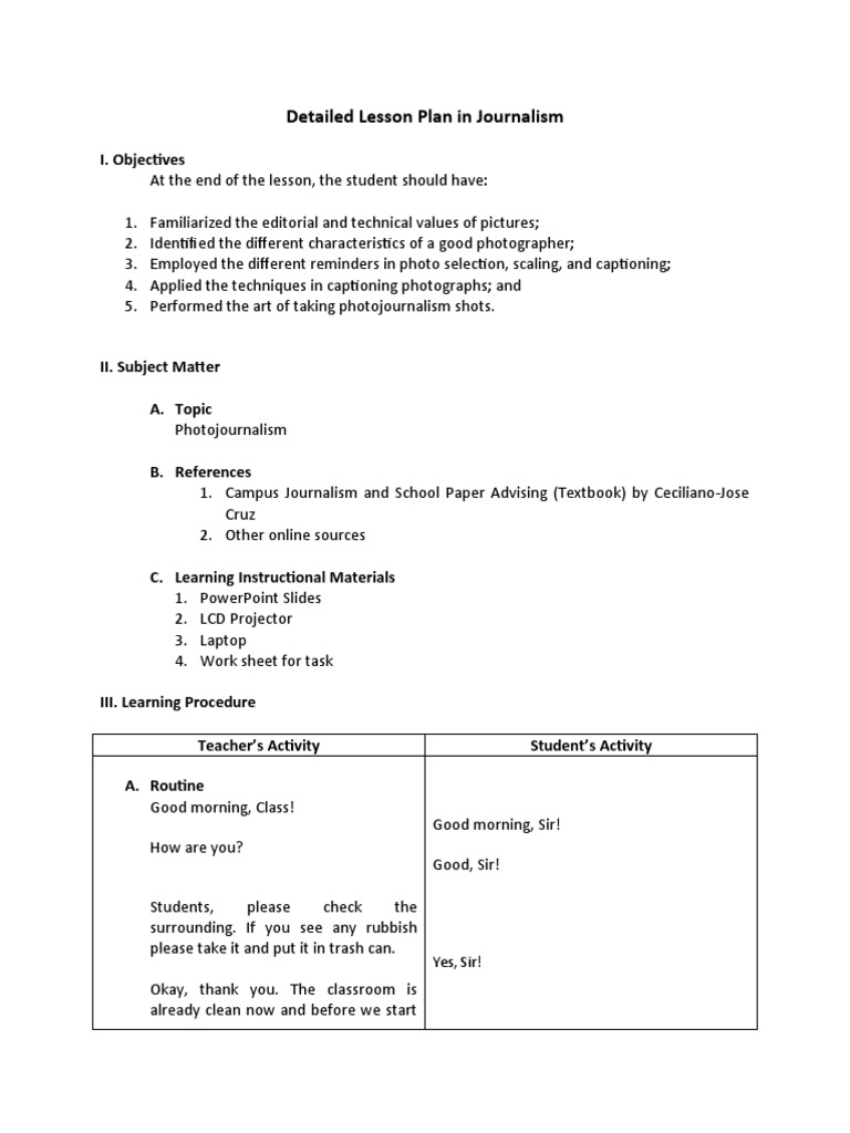 Detailed Lesson Plan in Journalism: I. Objectives | PDF | Camera ...