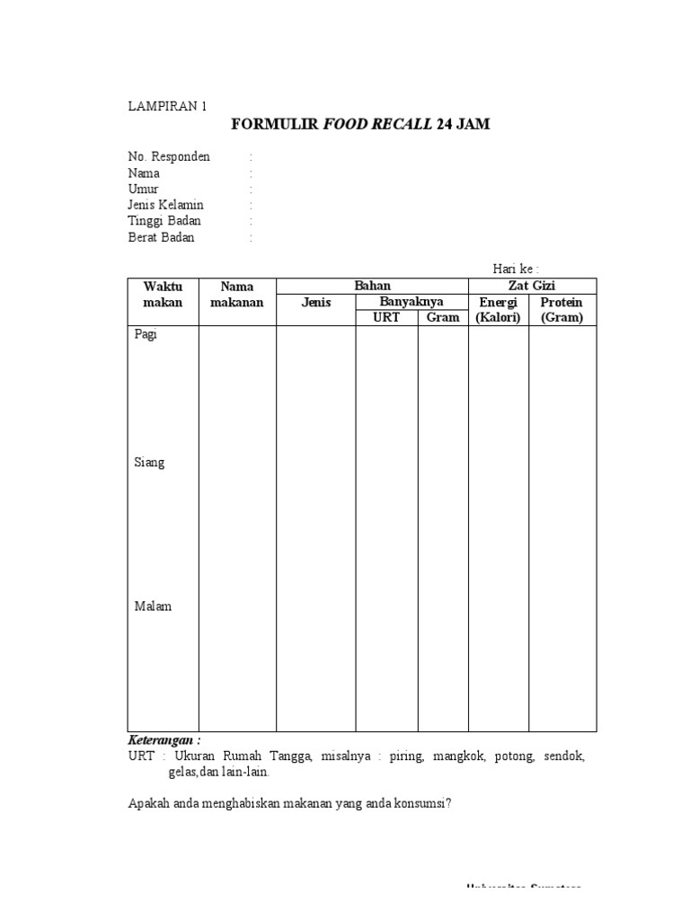 Formulir Food Recall 24 Jam | PDF
