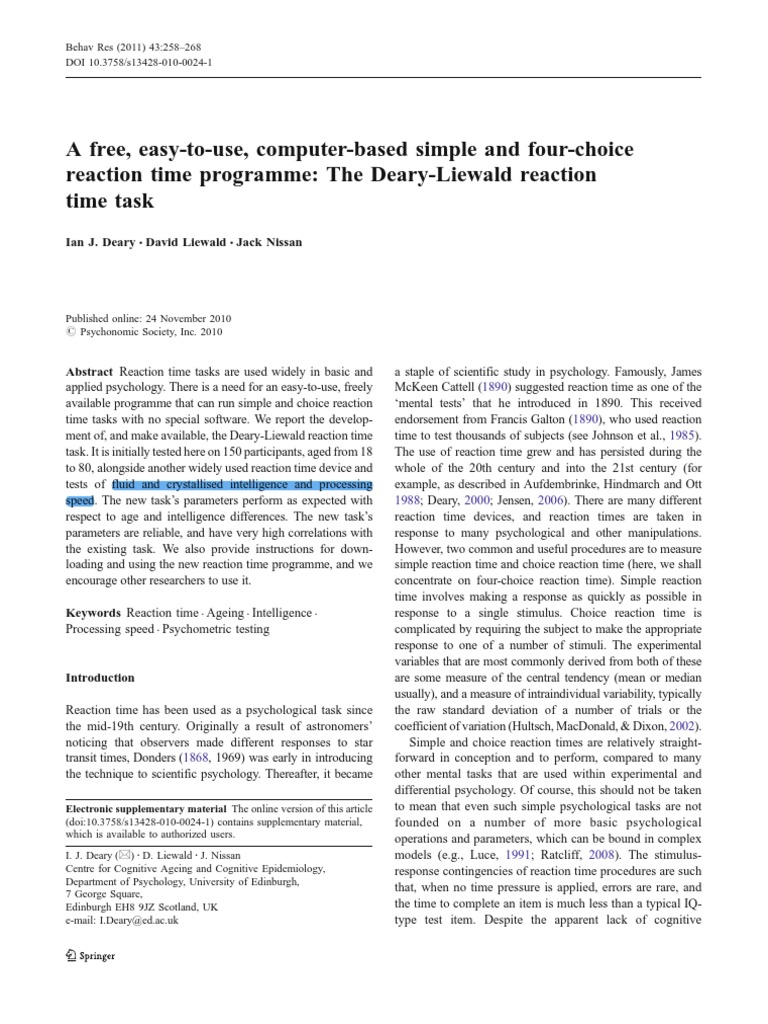 Deary-Liewald Reaction Time Task | PDF | Mental Chronometry | Psychology