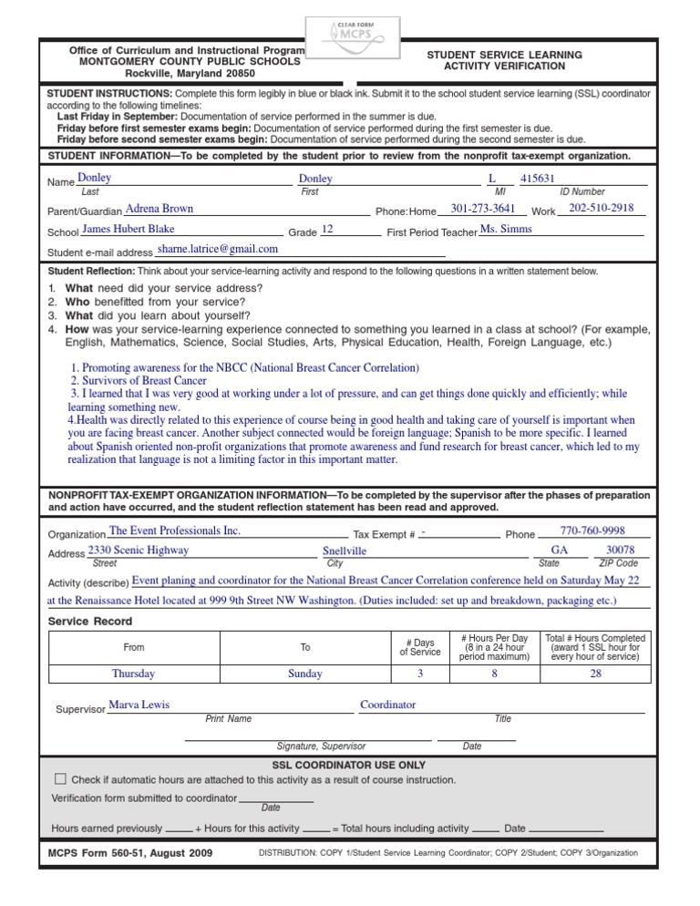 SSL Form | PDF | Service Learning | Learning