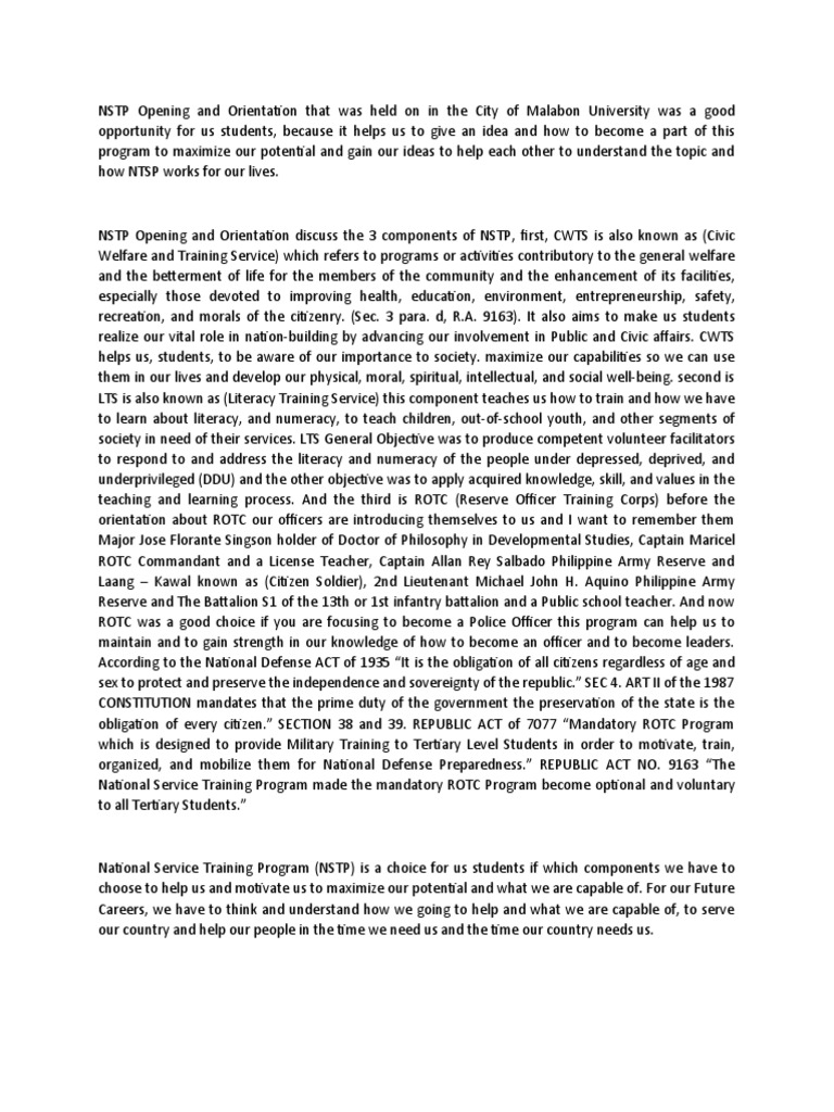 NTSP Opening and Orientation Reflection | PDF | Reserve Officers' Training Corps