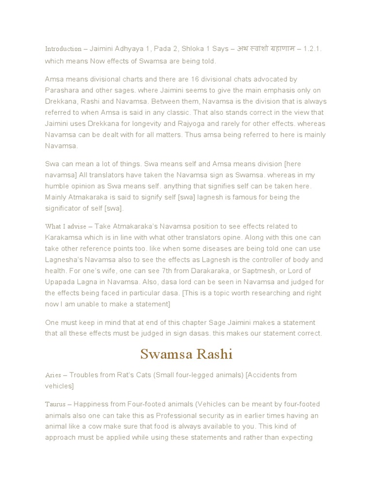 Swamsa Bhava Jaimini Karakamsa Atmakaraka Navamsa | Download Free PDF ...