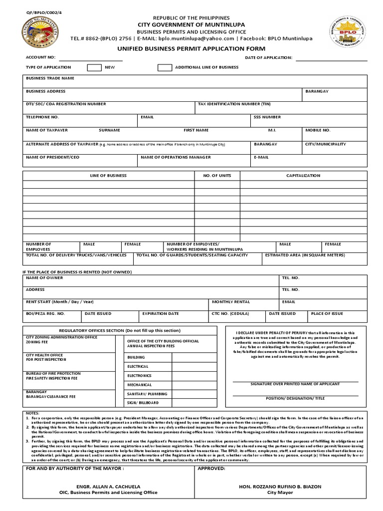 Muntinlupa Unified Business Permit Form | PDF | Government | Justice