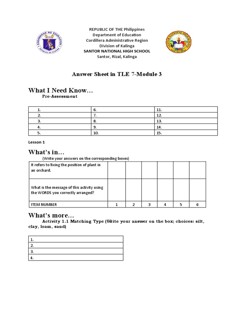 What I Need Know : Answer Sheet in TLE 7-Module 3 | PDF | Cognitive ...
