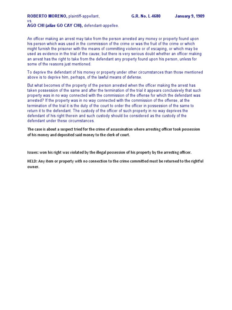 Moreno vs. Ago Chi, 12 Phil. 439 | PDF