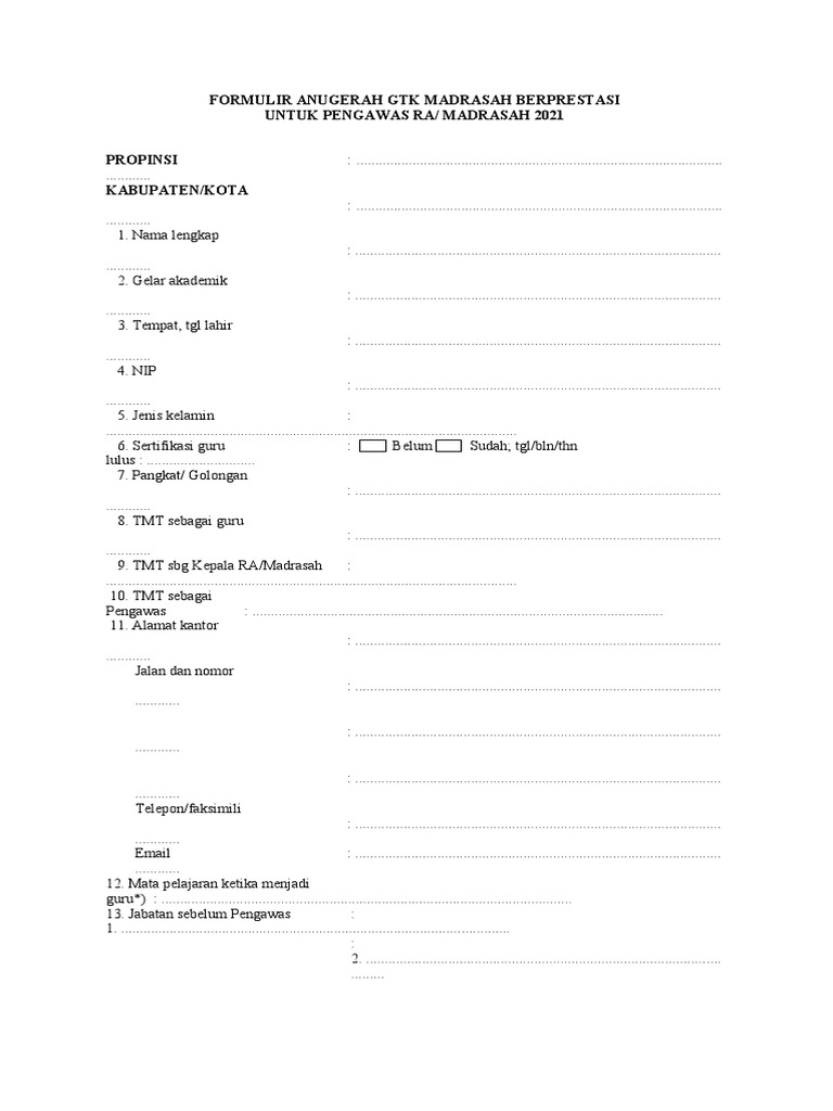 Form. Anugerah Prestasi - Pengawas RA | PDF | Karier & Perkembangan